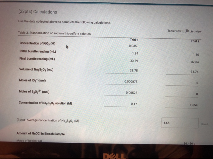(23 points) Calculations use the data collected above | Chegg.com