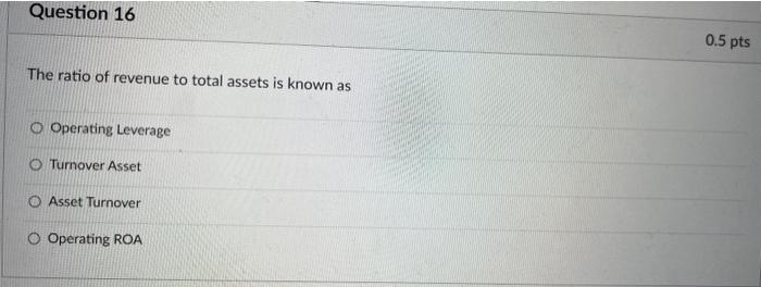 Solved The ratio of revenue to total assets is known as | Chegg.com