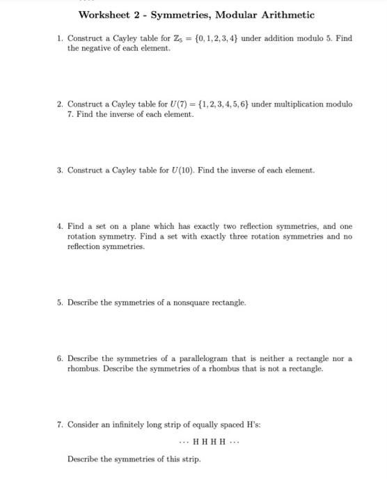 Solved Worksheet 2 - Symmetries, Modular Arithmetic 1. | Chegg.com