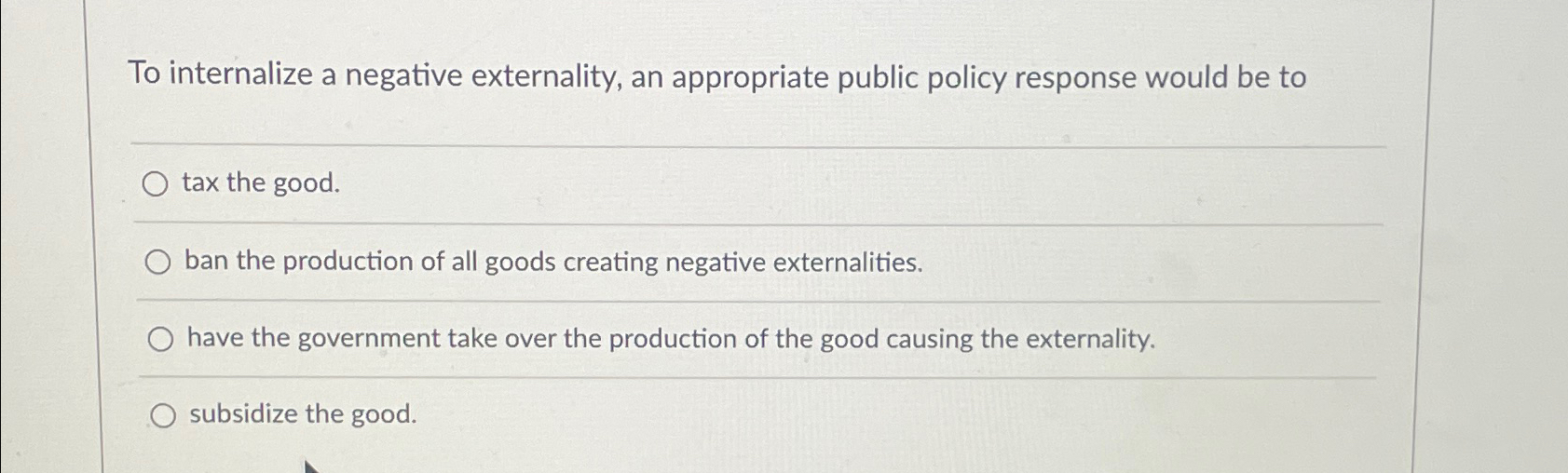 Solved To internalize a negative externality, an appropriate | Chegg.com