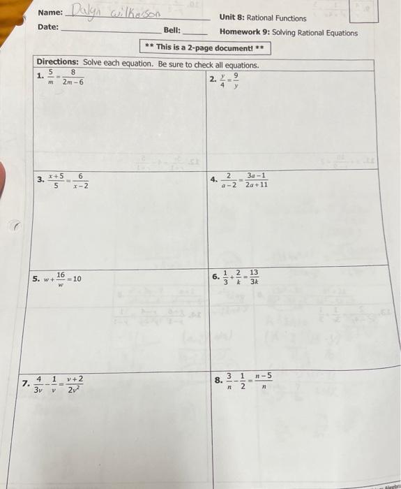 Solved Name: : Dalyn wilkerson Unit 8: Rational Functions | Chegg.com