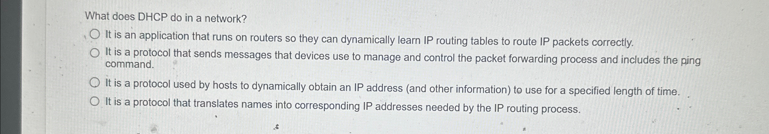 Solved What does DHCP do in a network?It is an application | Chegg.com