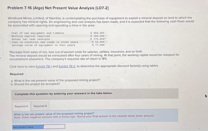 Solved Problem 7-16 (Algo) Net Present Value Analysis | Chegg.com