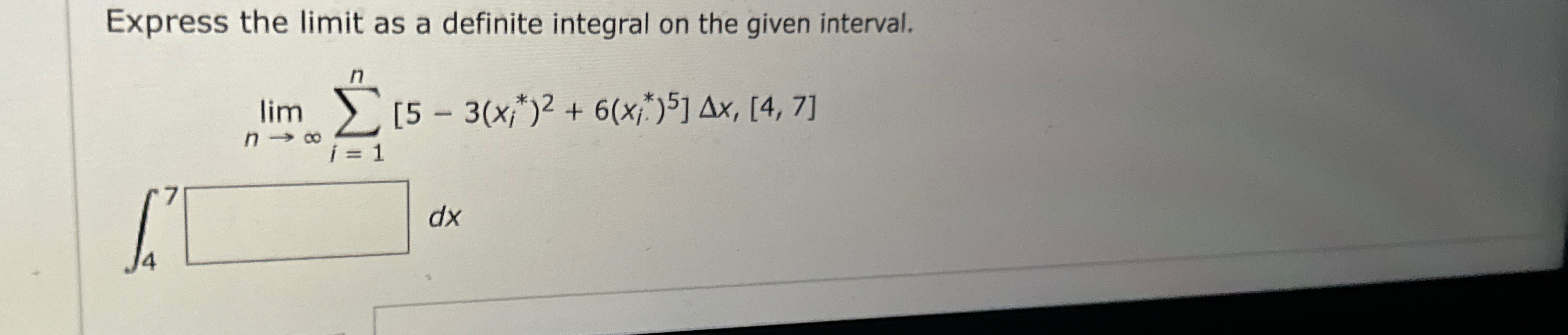 Solved Express the limit as a definite integral on the given | Chegg.com