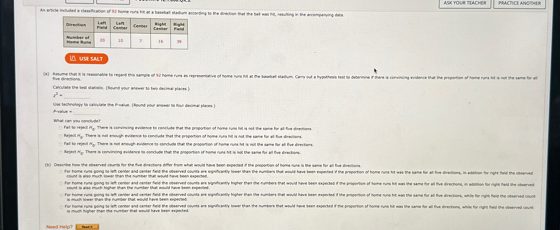 Solved An article included a classification of 92 ﻿home runs | Chegg.com