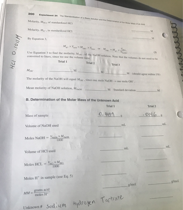 Solved Experiment 24 The Standardization of a Basic Solution | Chegg.com