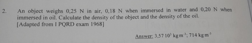 Solved An object weighs 0,25N ﻿in air, 0,18N ﻿when immersed | Chegg.com