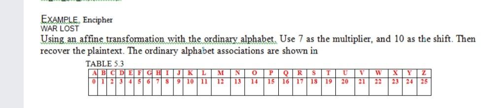 Solved EXAMPLE, Encipher WAR LOST Using an affine | Chegg.com