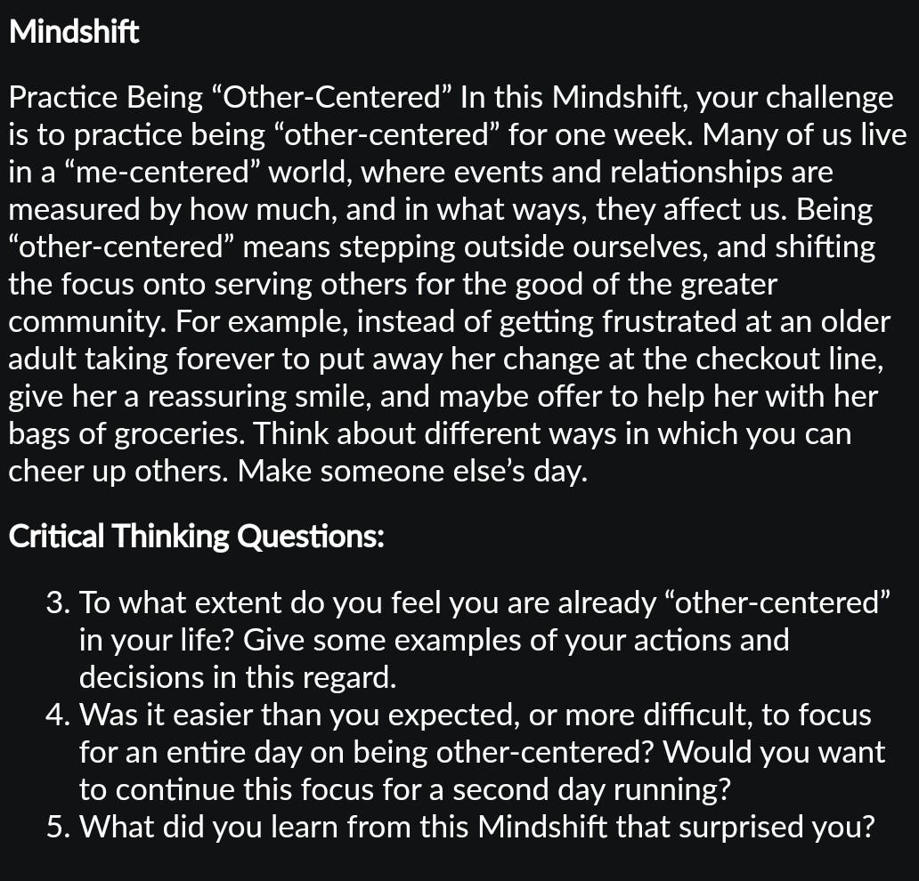 Solved Mindshift Practice Being "Other-Centered" In this | Chegg.com