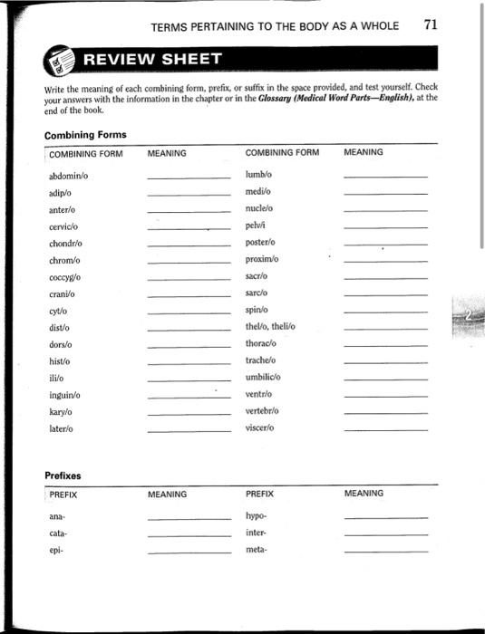 Solved TERMS PERTAINING TO THE BODY AS A WHOLE 71 REVIEW | Chegg.com