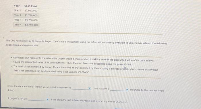 The CFo has asked you to compute Project zeta's | Chegg.com