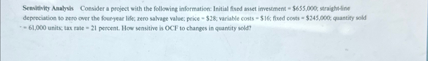 Solved Sensitivity Analysis Consider a project with the | Chegg.com