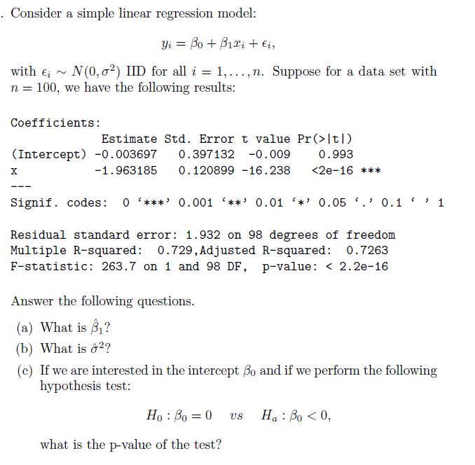 Solved Consider a simple linear regression | Chegg.com
