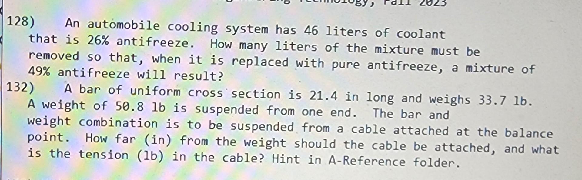 Solved 128) An automobile cooling system has 46 liters of | Chegg.com