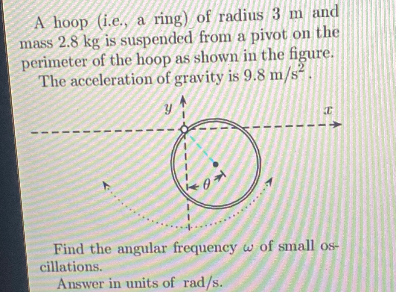 Solved A hoop (i.e., ﻿a ring) ﻿of radius 3m ﻿and mass 2.8kg | Chegg.com
