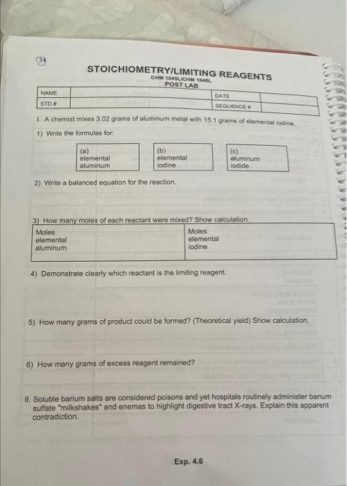 STOICHIOMETRYILIMITING REAGENTS Exp, | Chegg.com