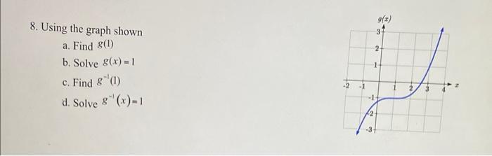Solved 8. Using the graph shown a. Find g(1) b. Solve g(x)=1 | Chegg.com