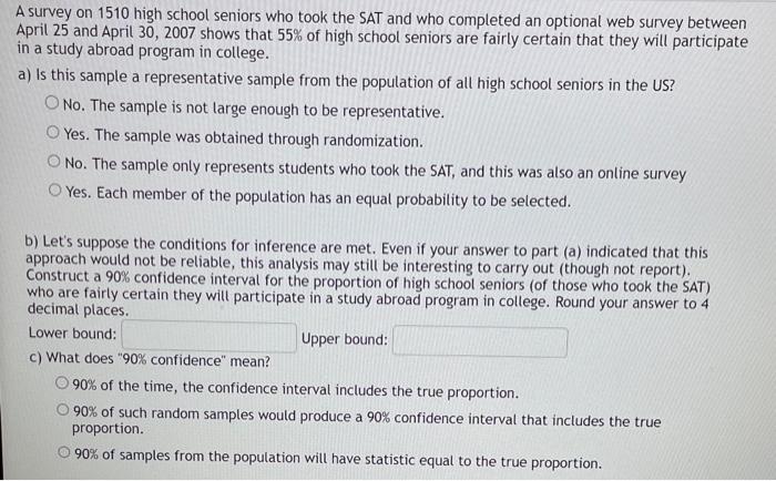 Solved A survey on 1510 high school seniors who took the SAT | Chegg.com