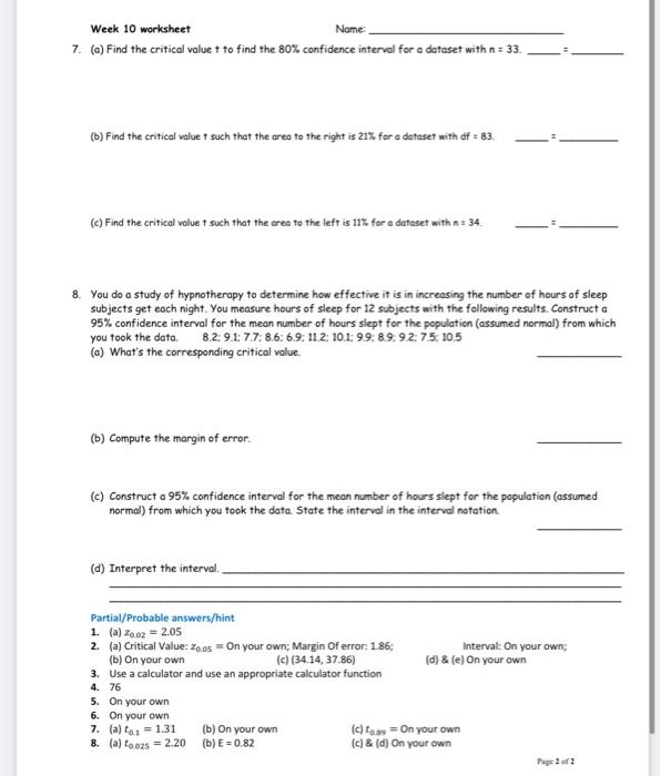Solved Week 10 worksheet Name: 7. (a) Find the critical | Chegg.com