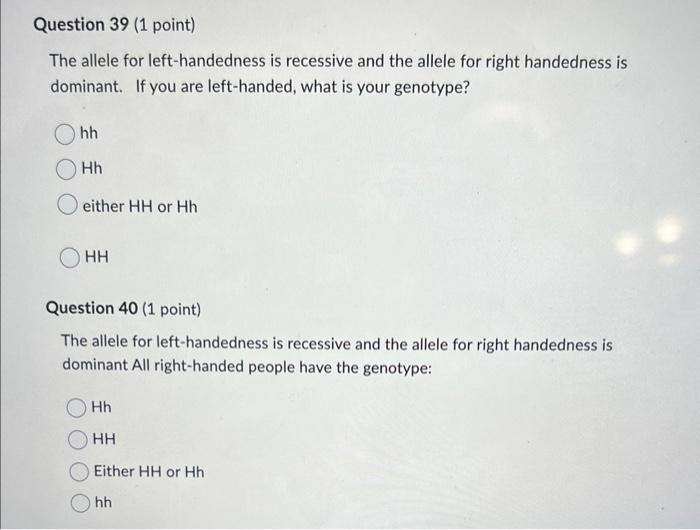 Solved The allele for left-handedness is recessive and the | Chegg.com