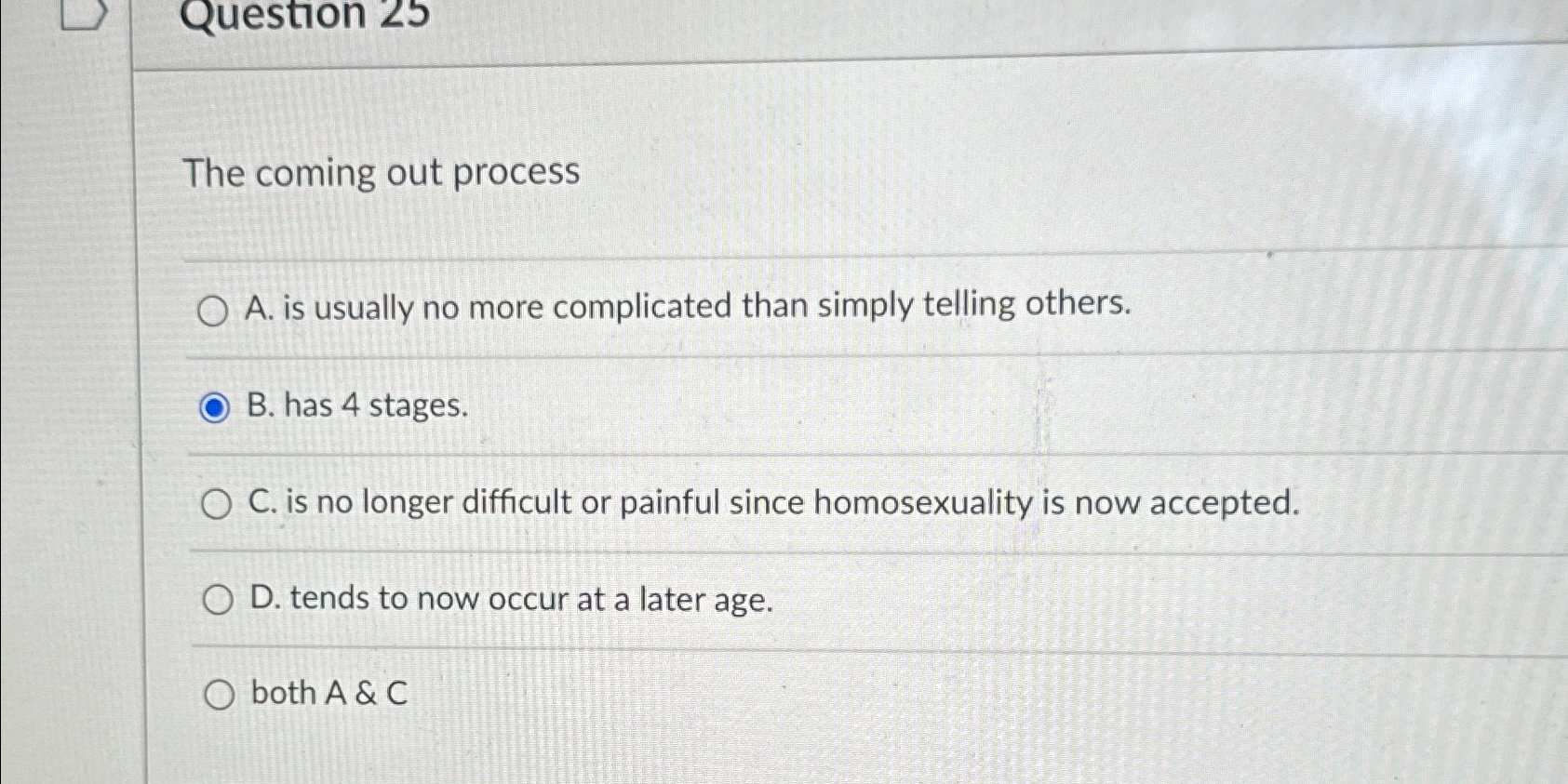 Solved Question 25The coming out processA. ﻿is usually no | Chegg.com