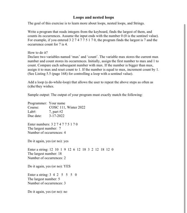 Solved Project 7, COSC 111 Due Date: March 17, 2022 Loops | Chegg.com