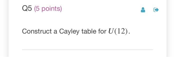 Solved Q5 (5 points) Construct a Cayley table for U(12). | Chegg.com
