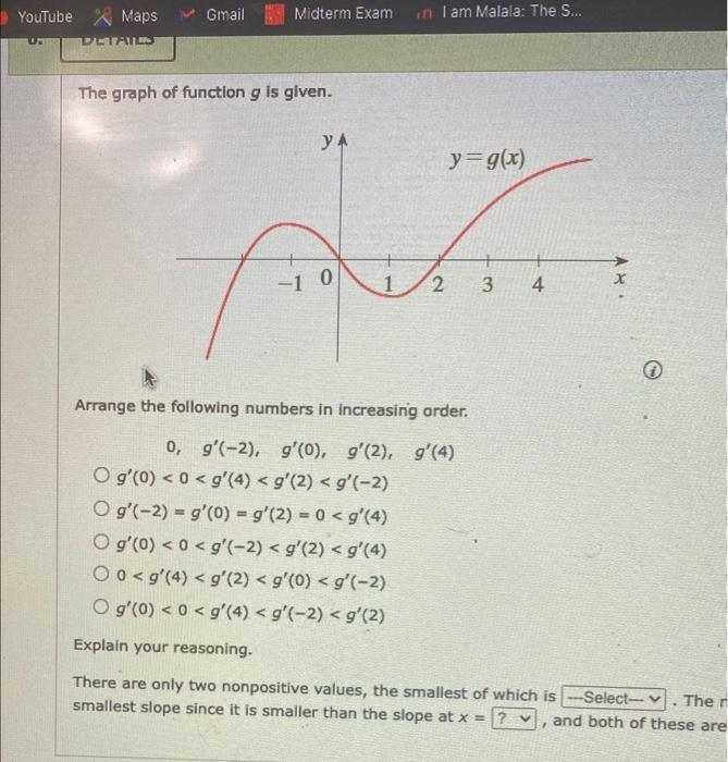 Solved The graph of function g Is glven. Arrange the | Chegg.com