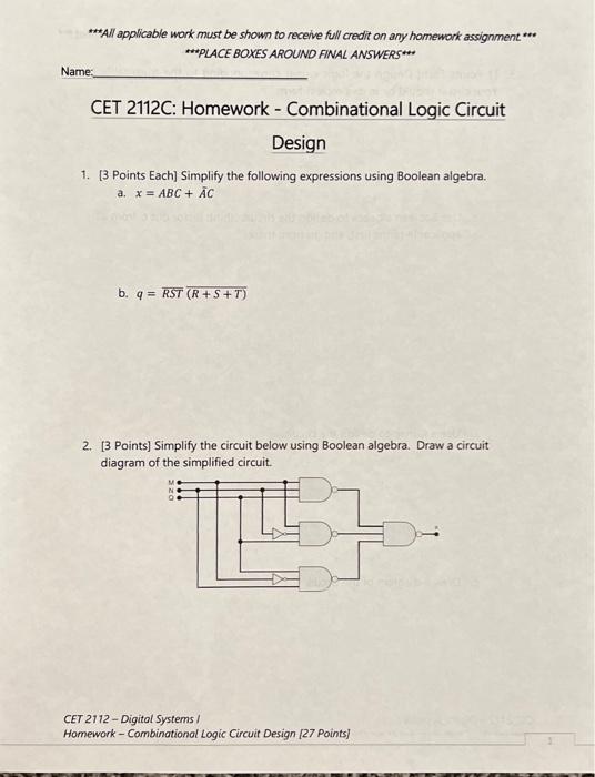 Solved "AAll applicable work must be shown to receive full | Chegg.com