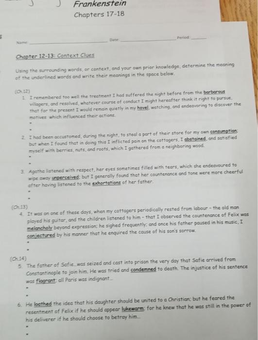 Frankenstein Chapters 17-18 Chapter 12-13: Context | Chegg.com