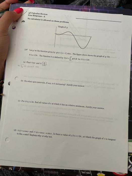 Solved AP Calculus Review Free Response No calculator is | Chegg.com