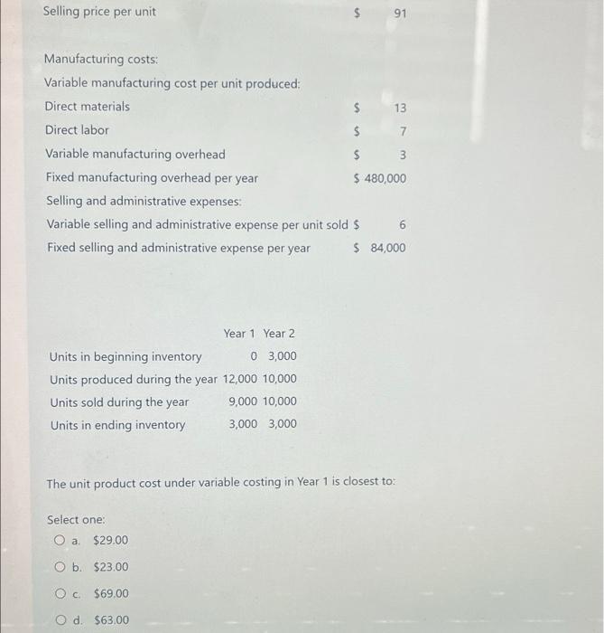 Solved Selling price per unit Manufacturing costs: Variable | Chegg.com