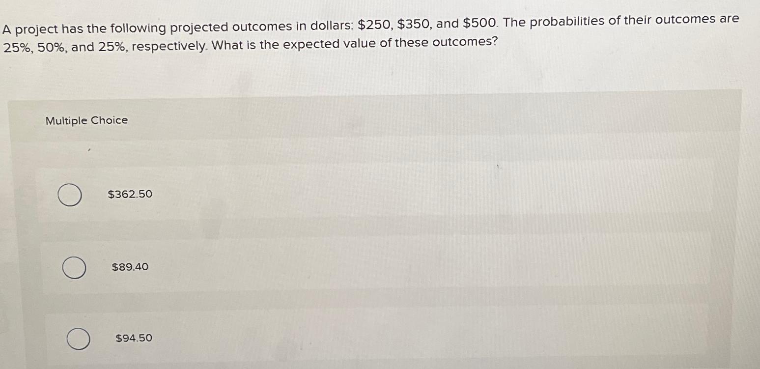 Solved A project has the following projected outcomes in | Chegg.com