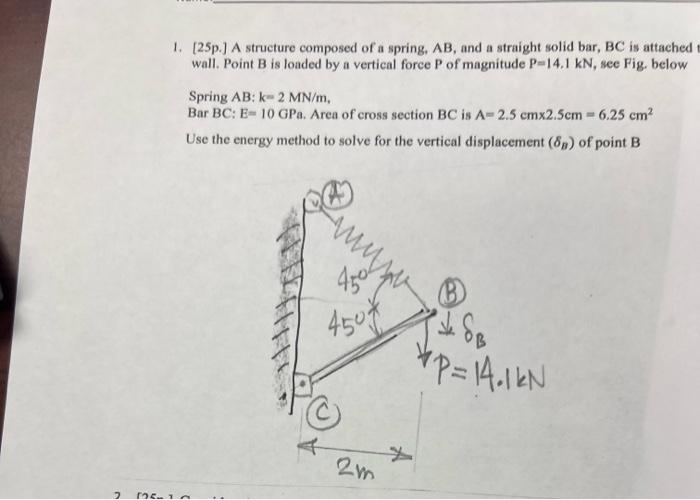 Solved 1. [25p.] A structure composed of a spring, AB, and a | Chegg.com