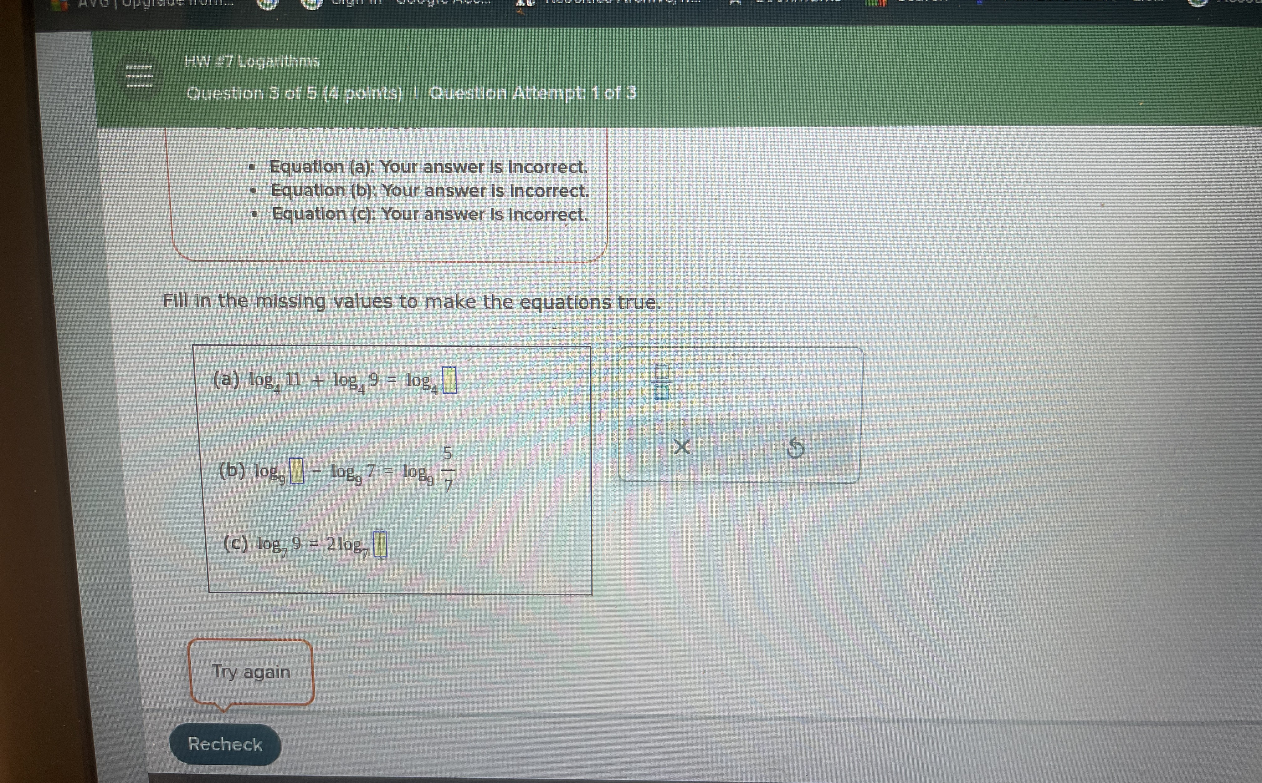 Solved (a) ﻿log 4 11+ ﻿log 4 9=log 4 | Chegg.com