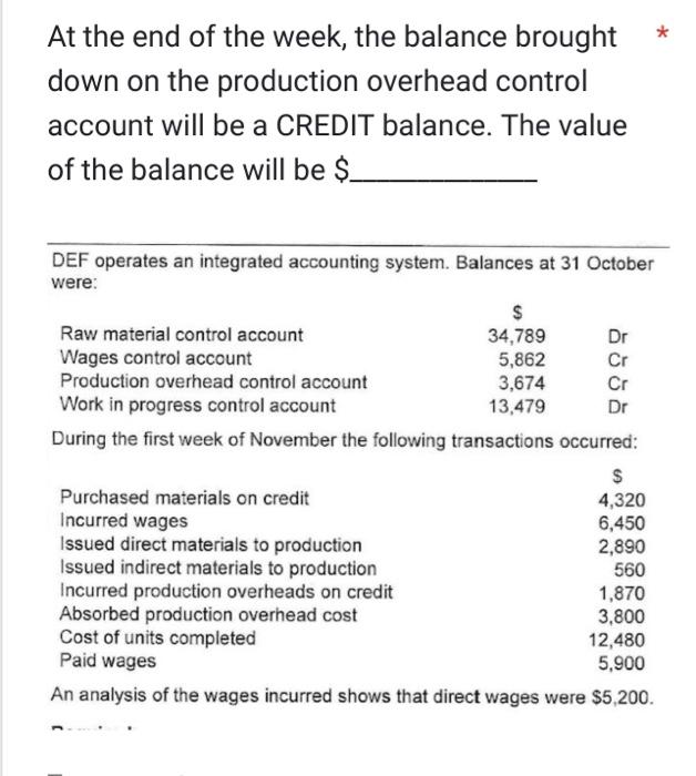 Solved At the end of the week, the balance brought down on | Chegg.com