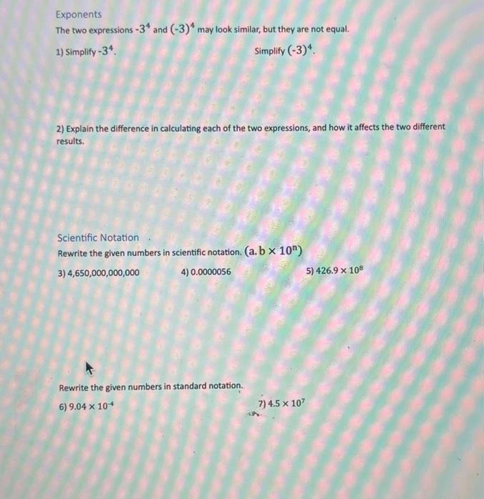 Solved Exponents The two expressions −34 and (−3)4 may look | Chegg.com