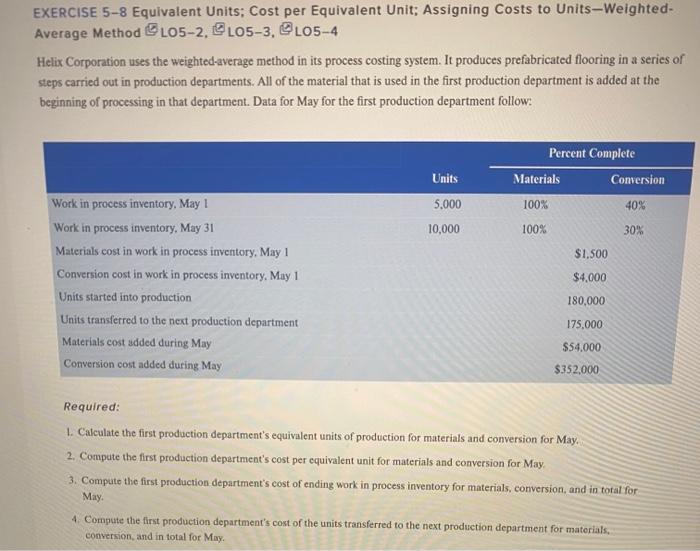 Solved EXERCISE 5-8 Equivalent Units; Cost per Equivalent | Chegg.com