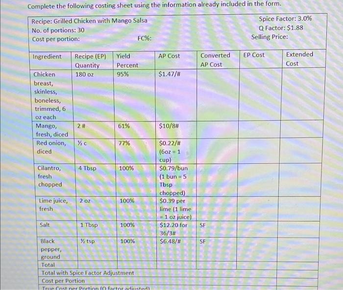 Solved Complete the following costing sheet using the | Chegg.com