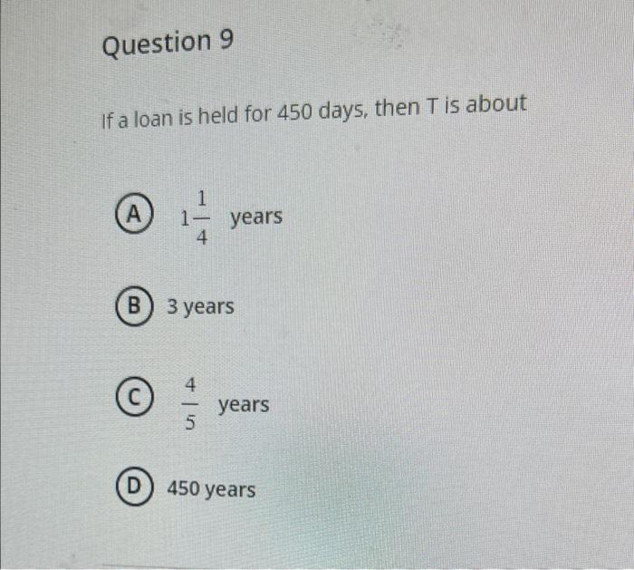Solved If a loan is held for 450 days, then T is about 141 | Chegg.com