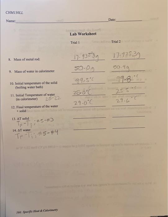 Solved Name: Lab Worksheet Trial 1 Trial 2 8. Mass of metal | Chegg.com