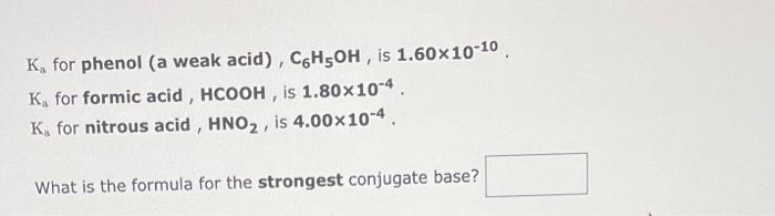 Solved Ka for phenol (a weak acid), C6H5OH, is 1.60×10−10. | Chegg.com