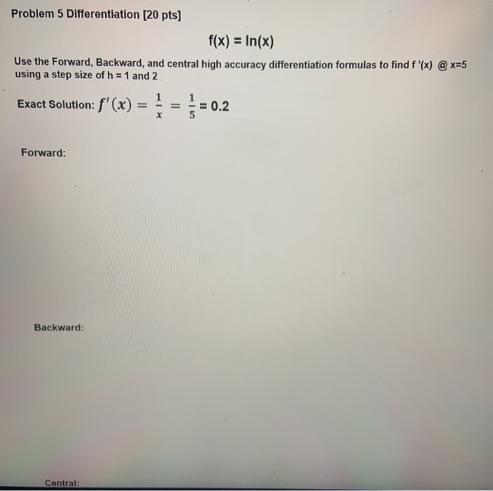 Solved Problem 5 Differentiation (20 pts] f(x) = In(x) Use | Chegg.com