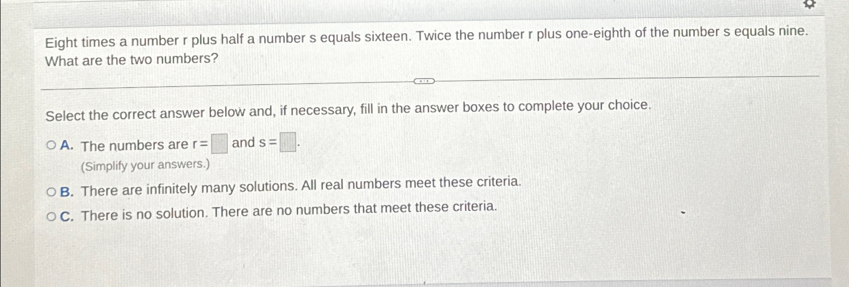 Solved Eight times a number r ﻿plus half a number s ﻿equals | Chegg.com