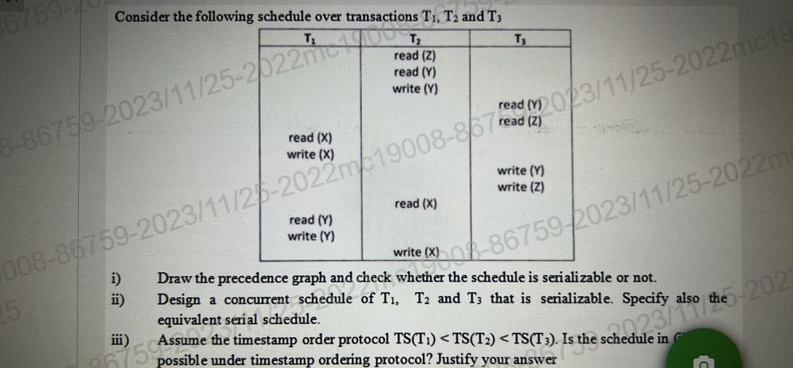 Solved Consider the following schedule over transactions | Chegg.com