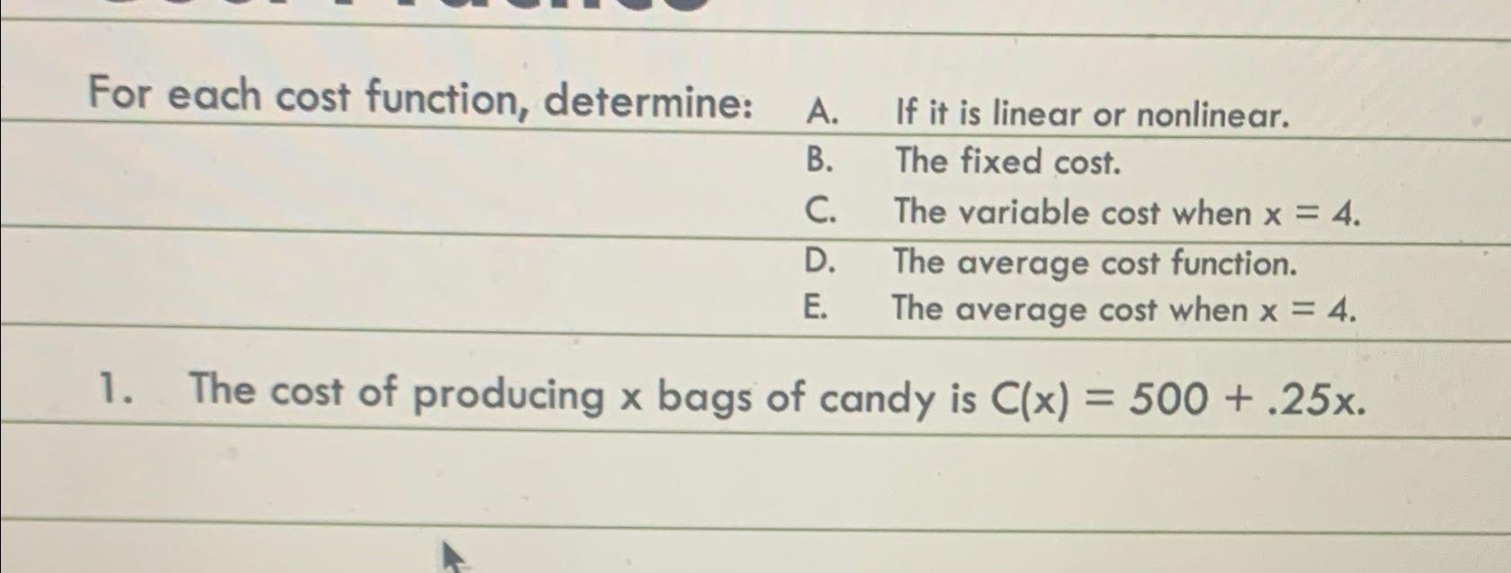 Solved For each cost function, determine:A. ﻿If it is linear | Chegg.com