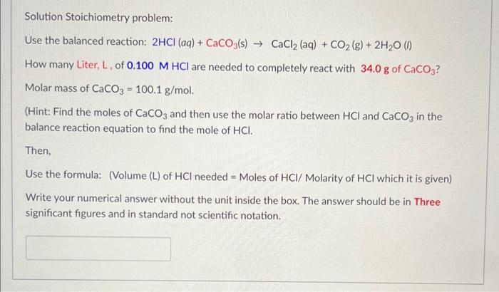 Solved Solution Stoichiometry problem: Use the balanced | Chegg.com