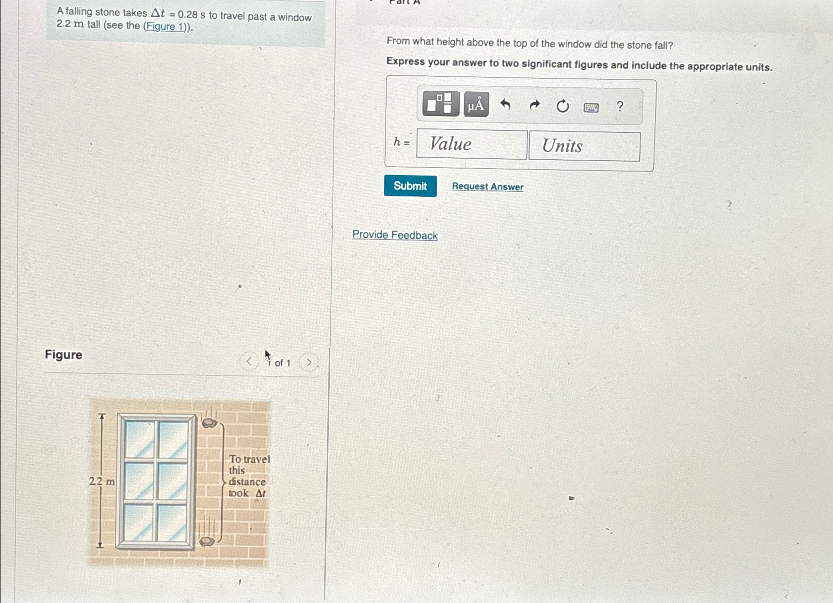 Solved A falling stone takes Δt=0.28s ﻿to travel past a | Chegg.com