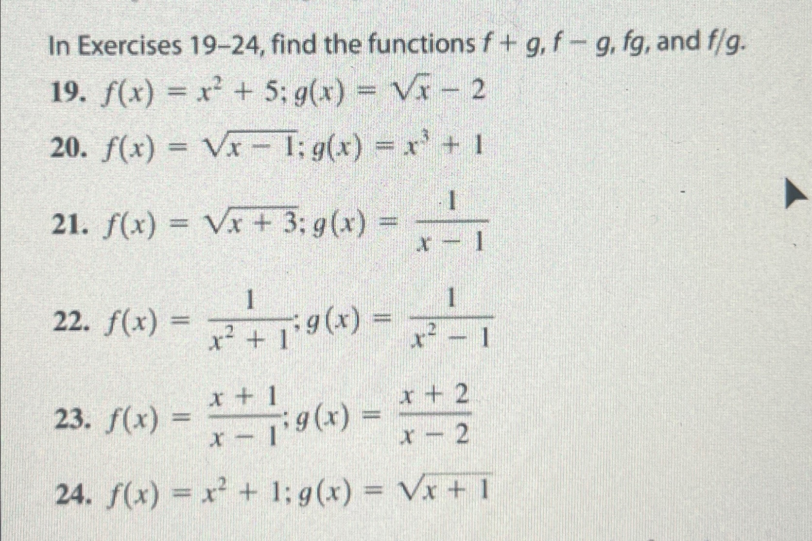 Solved In Exercises 19-24, ﻿find the functions f+g,f-g,fg, | Chegg.com