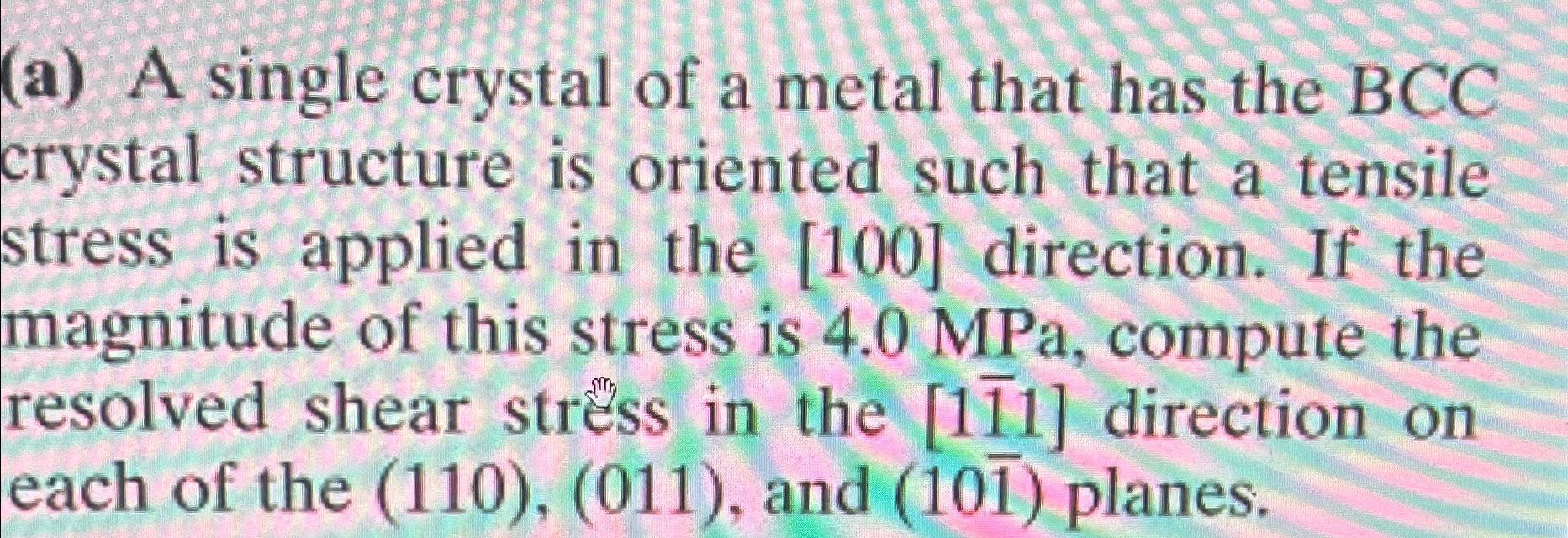 Solved (a) ﻿A single crystal of a metal that has the BCC | Chegg.com